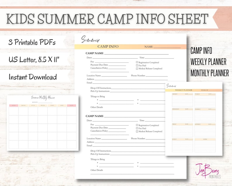 Kids Planner Summer Camp Info Organizer Planner Printable PDF ...