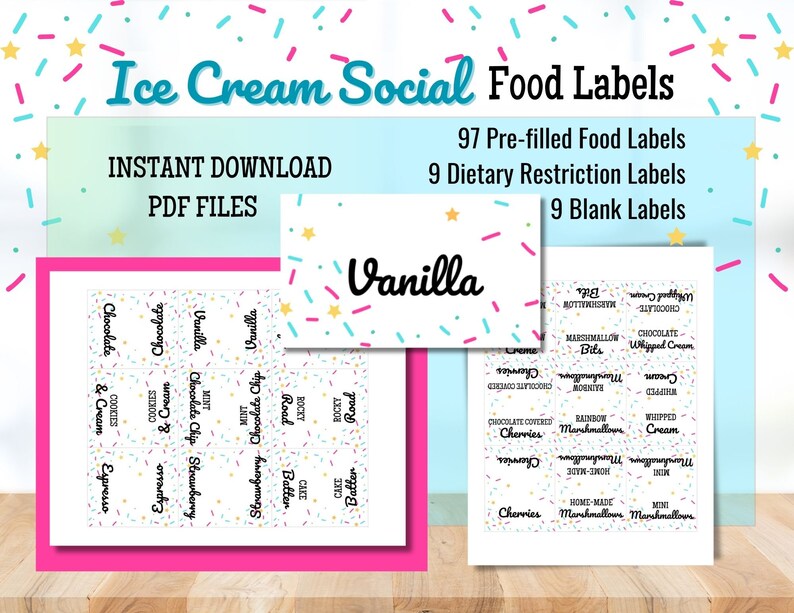 Ice Cream Social Food Labels, Ice Cream Bar Food Labels, Sundae Labels ...