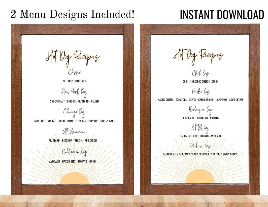 Hot Dog Bar Menu Sign, Fireside Party Sign, Buffet Menu, Hot Dog Sign ...
