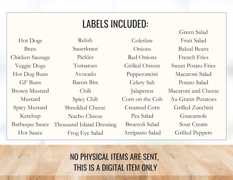 Hot Dog Bar Food Labels, Fireside Party Food Labels, Buffet Labels, Hot ...