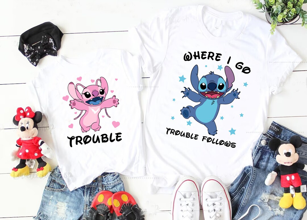 Disney Stitch and Angel Disney Couples Shirt, Where I Go Trouble ...
