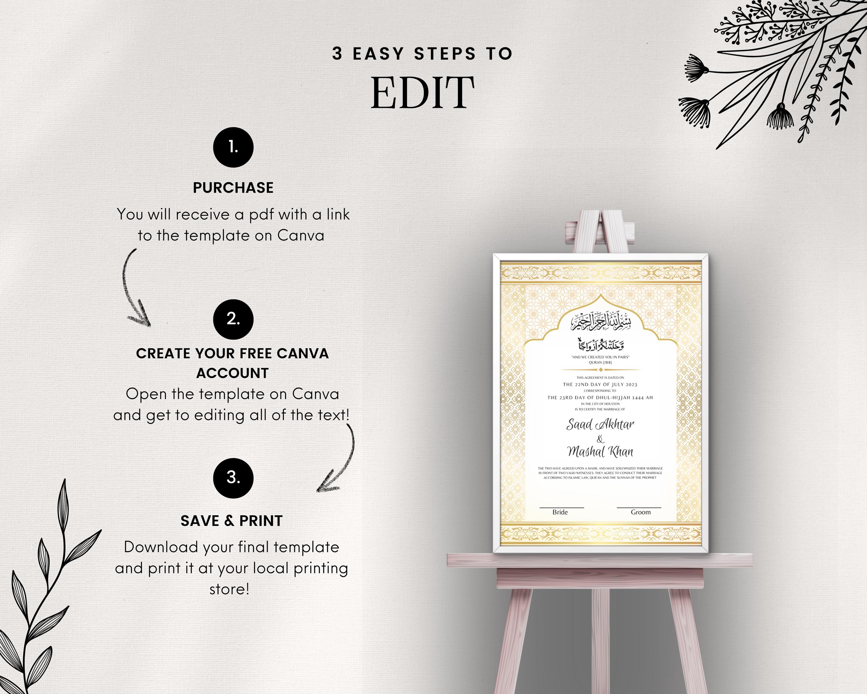 Digital Editable Nikkah Contract Personalized Muslim Cards Nikkanama ...
