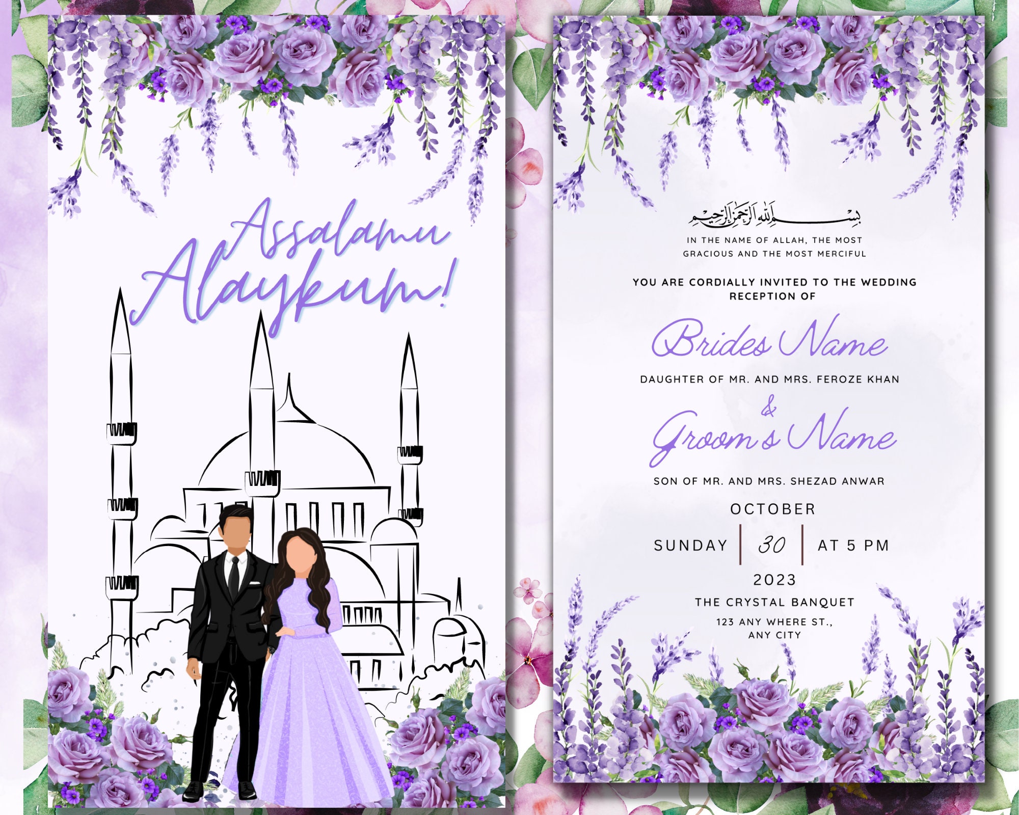 Purple Walima Digital Invitation Card Template Desi Muslim Editable ...