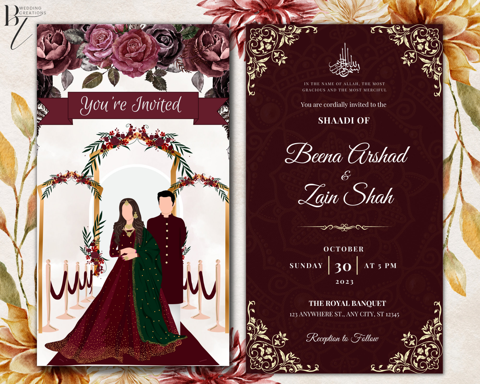 Animated Burgundy Red Maroon Digital Reception Shaadi Nikkah Walima ...