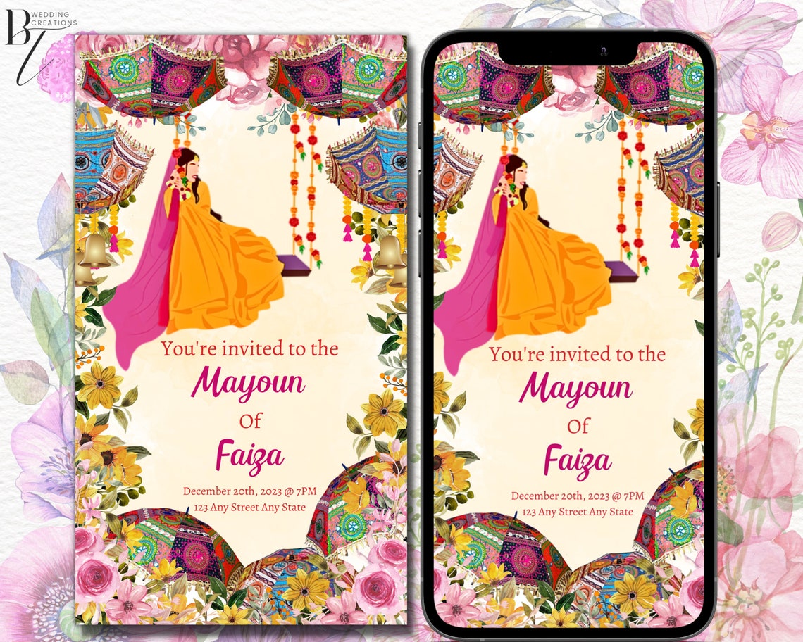 Editable Mayoun Mayun Haldi Mehndi Dholki Pithi Invitation Card Digital ...