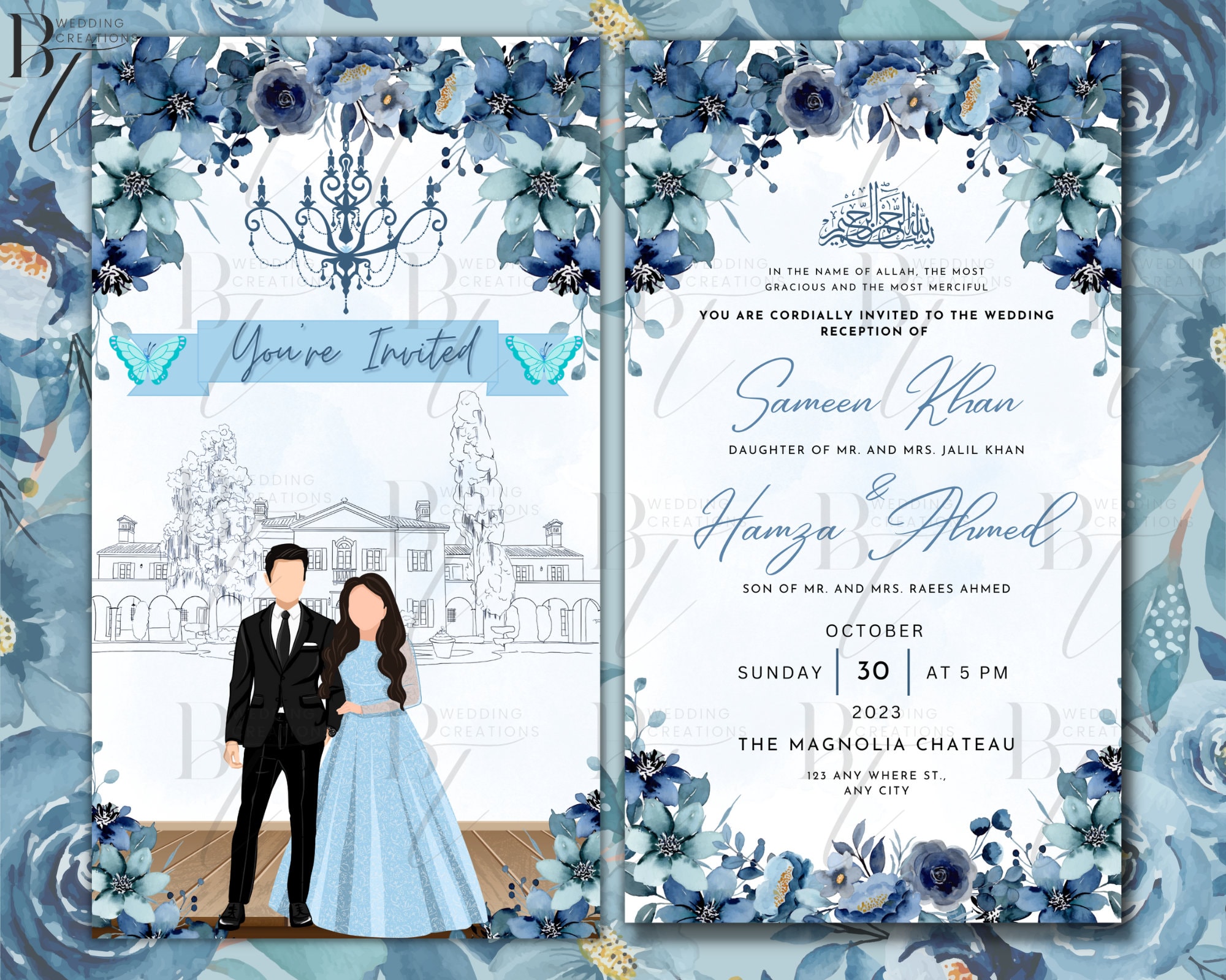 Blue Floral Walima Invitation Template, Animated Muslim Wedding ...