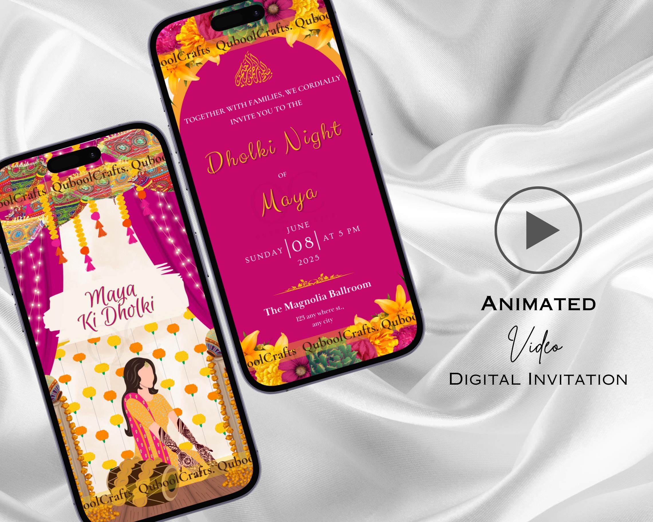 Pink Animated Digital Mehndi Mayoun Mayun Haldi Dholki Invitation Card ...