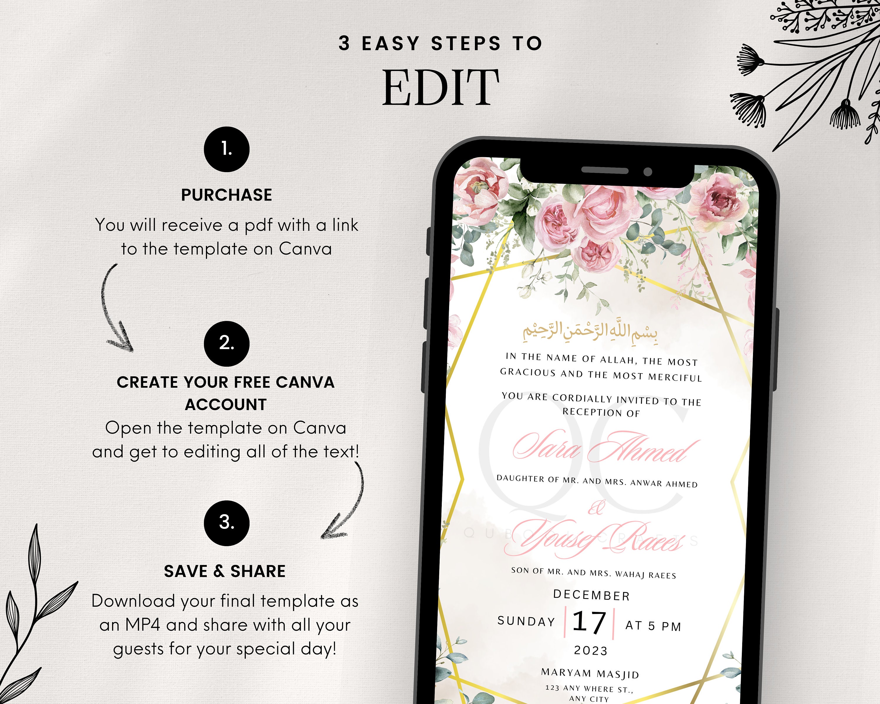 Animated Pink Digital Walima Shaadi Nikkah Ceremony Wedding Engagement ...