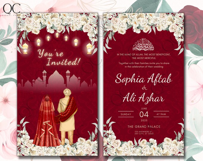 Digital Muslim Wedding Invitation Template, Electronic Burgundy Maroon ...
