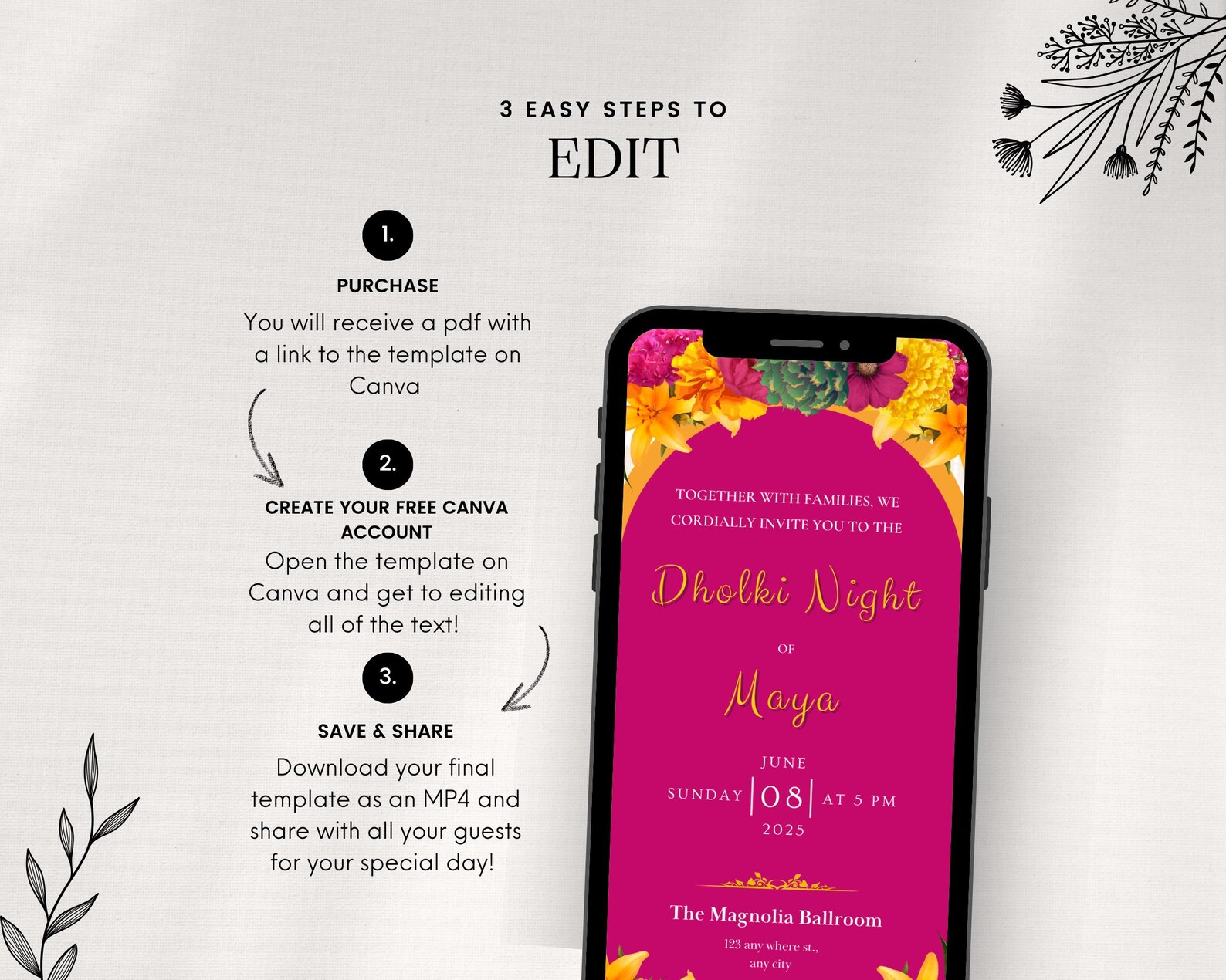 Pink Animated Digital Mehndi Mayoun Mayun Haldi Dholki Invitation Card ...