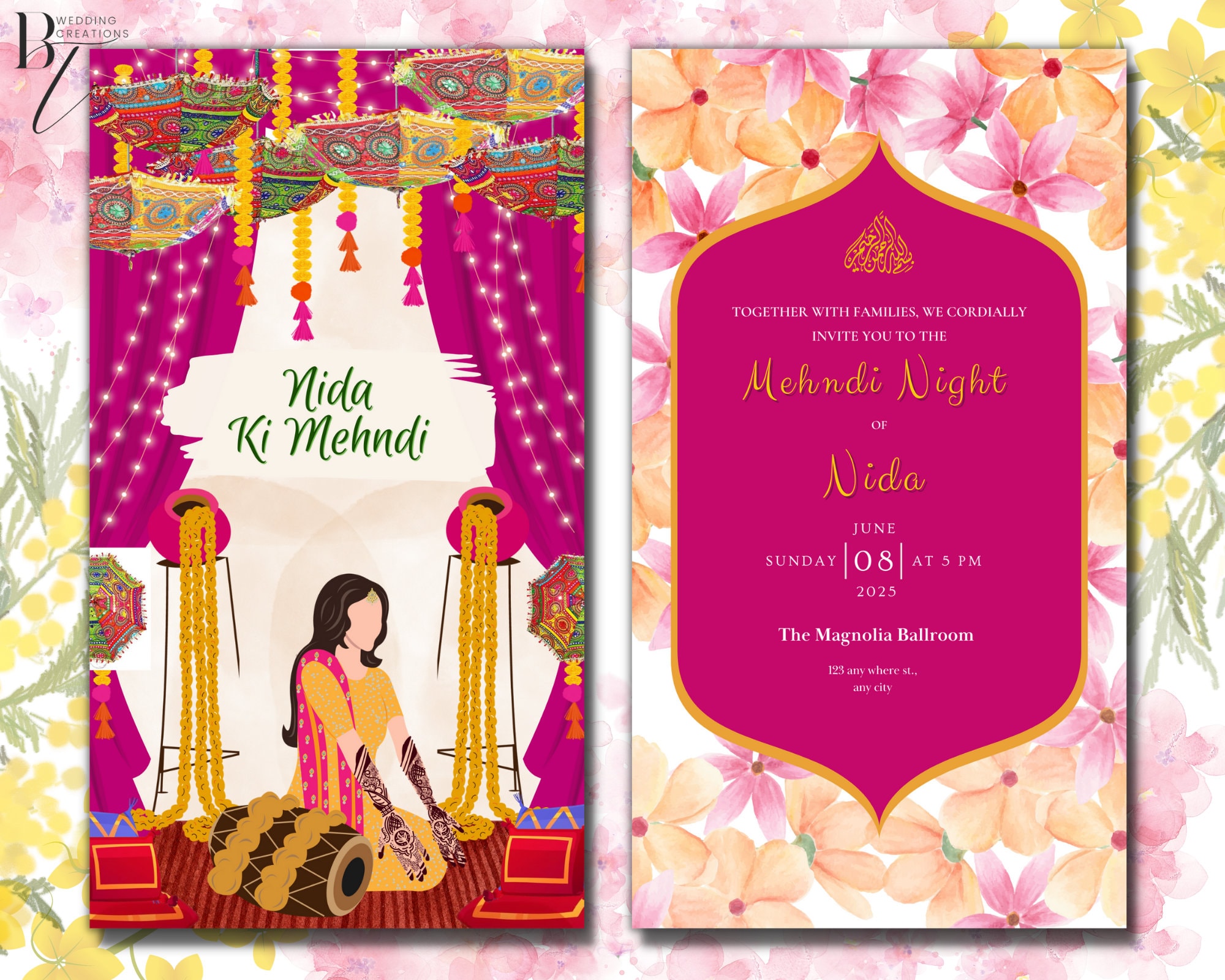 Pink Animated Digital Mehndi Mayoun Mayun Haldi Dholki - Etsy