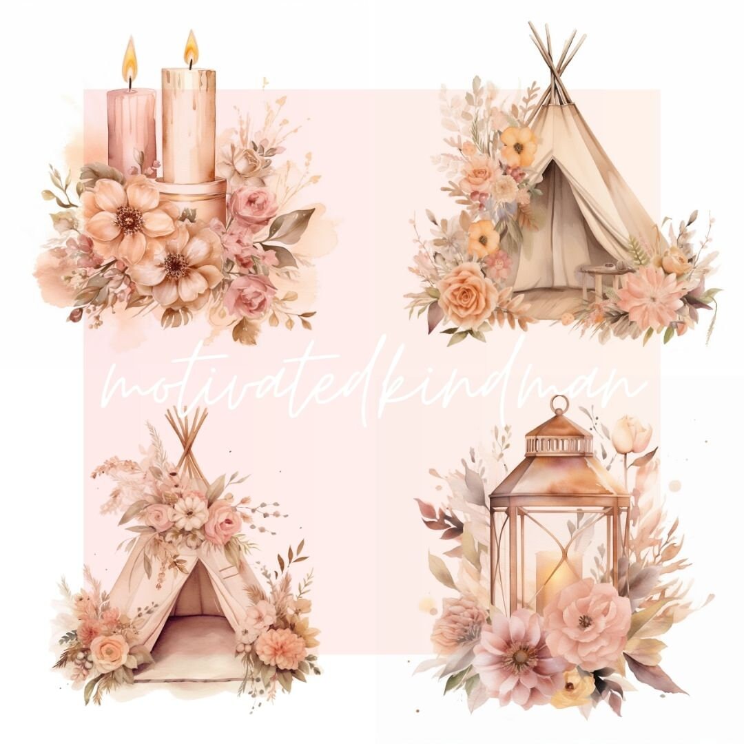 Water Color Boho Clipart Bundle, Transparent Background, Commercial PNG ...