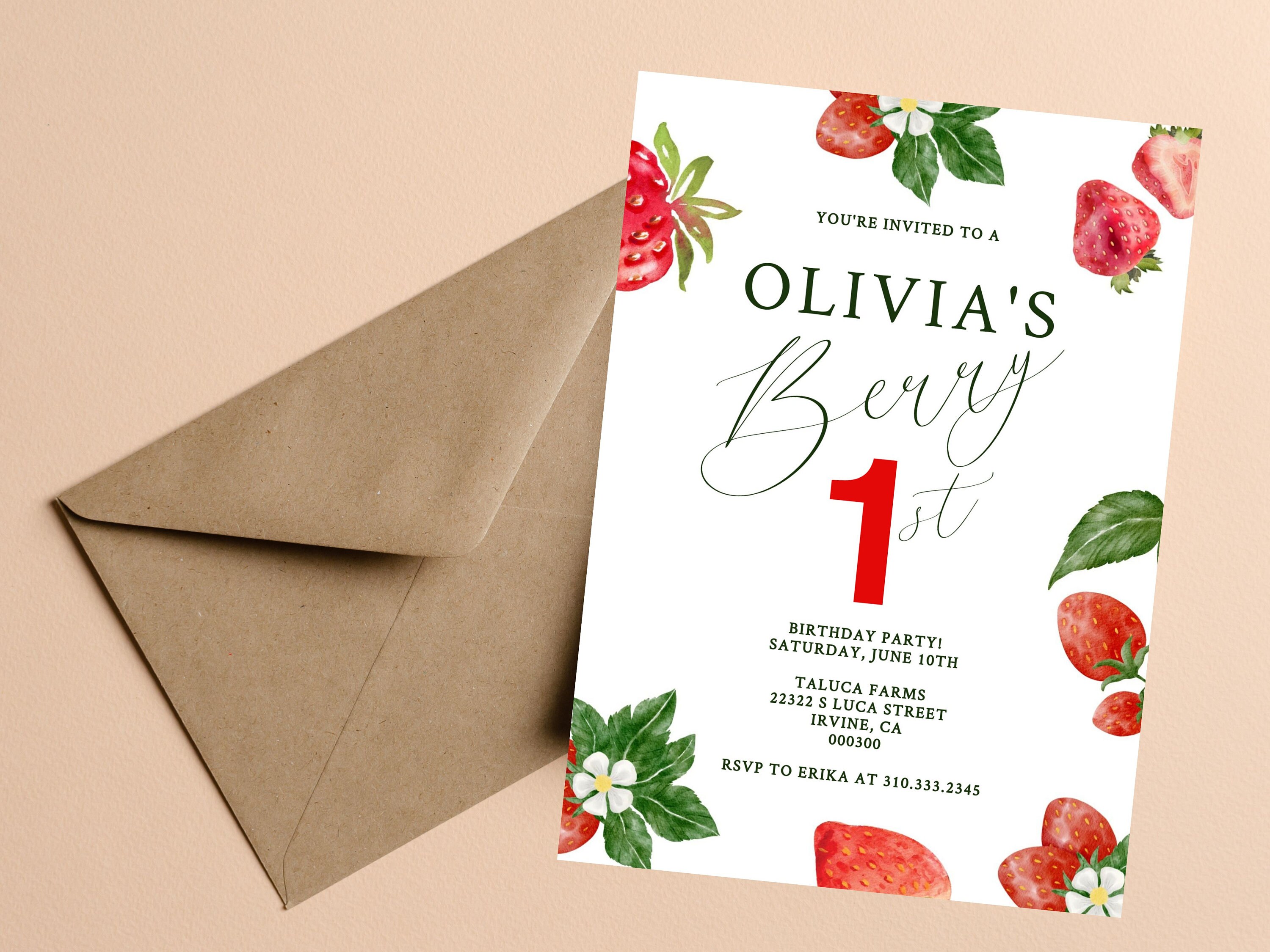 Berry 1st Birthday Invitation, Strawberry Themed Party Invitation ...