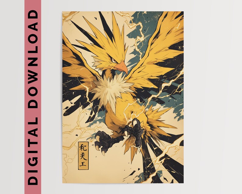 Zapdos, Pokémon, Japanese Tapestry Style, Anime Poster Printable Wall ...