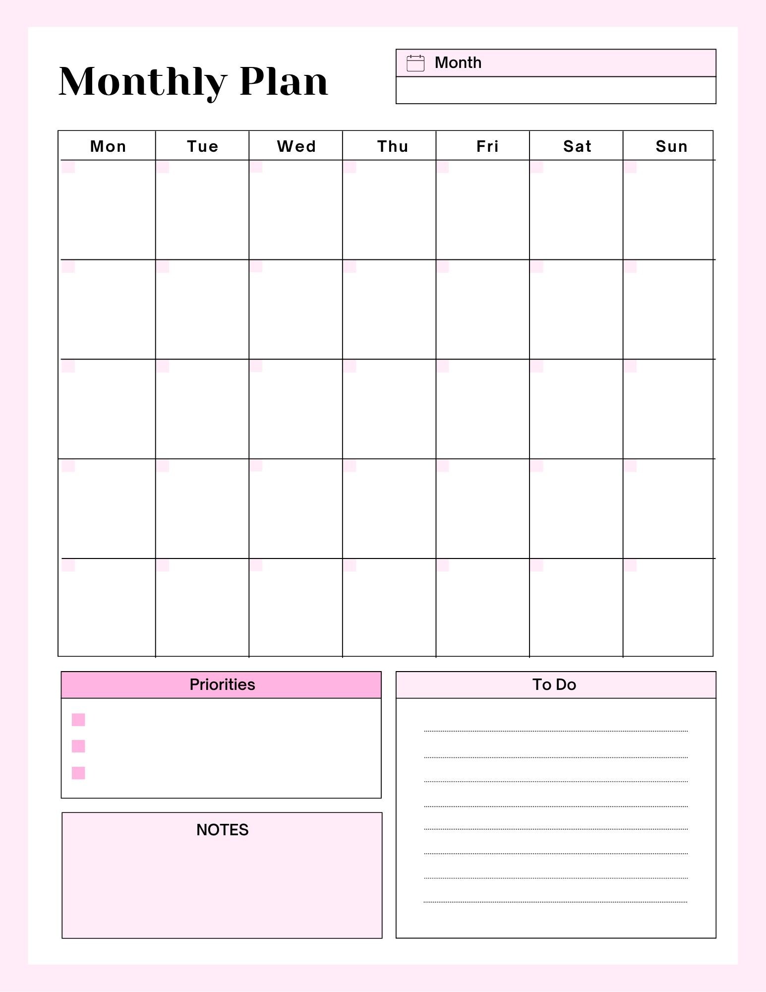 Undated Monthly Planner Printable Landscape, Monday & Sunday Start, Ink ...