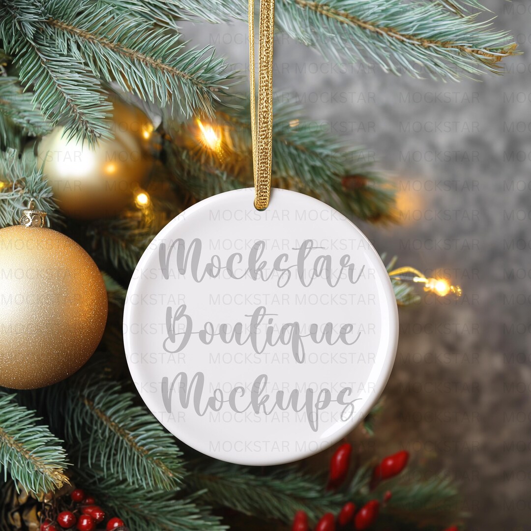 Christmas Mockup Blank White Round Ceramic Christmas Ornament Mockup ...