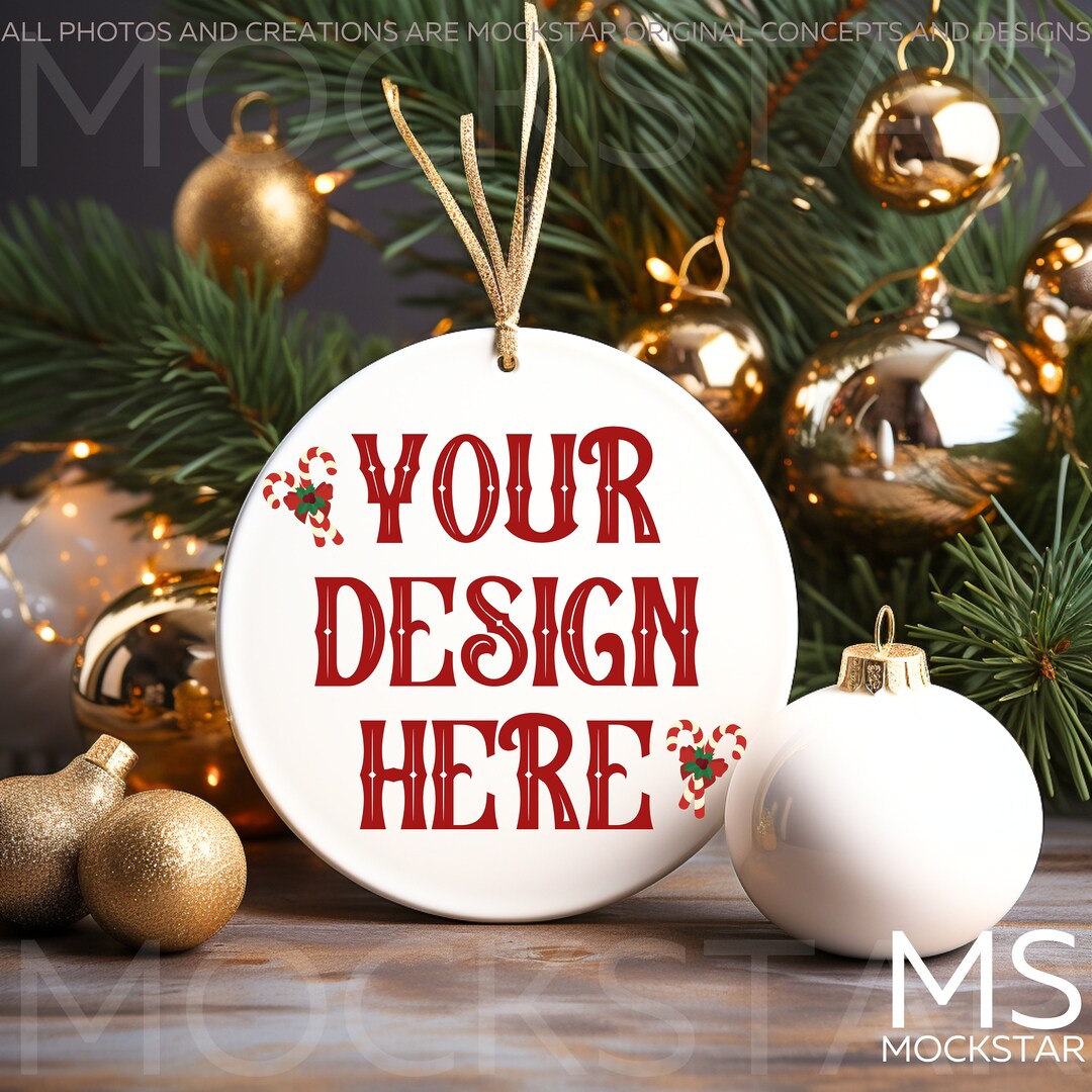 Christmas Mockup Blank White Round Ceramic Christmas Ornament Mockup ...