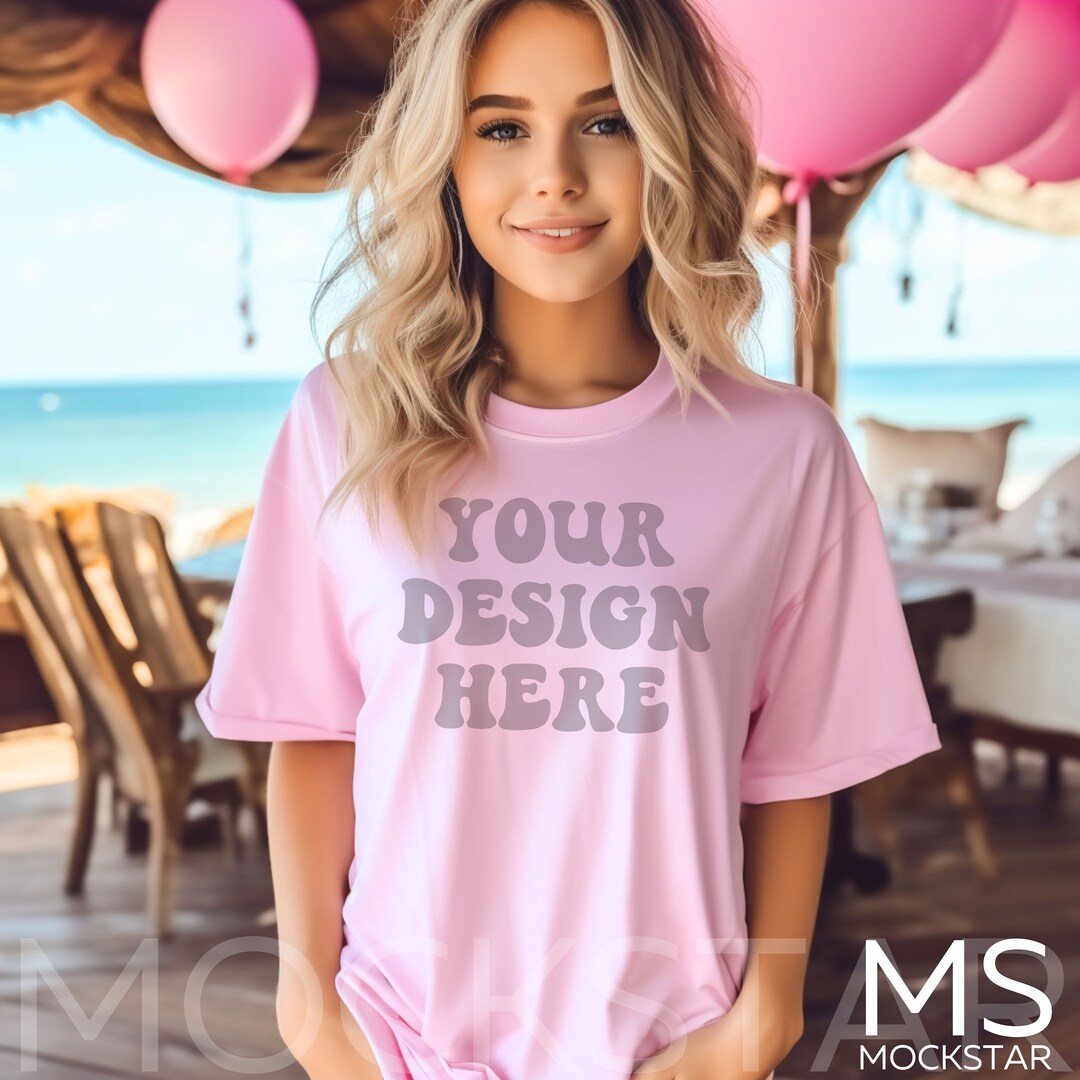 BLOSSOM PINK Comfort Color C1717 Pink Mockup Oversized Ivory Outdoors ...