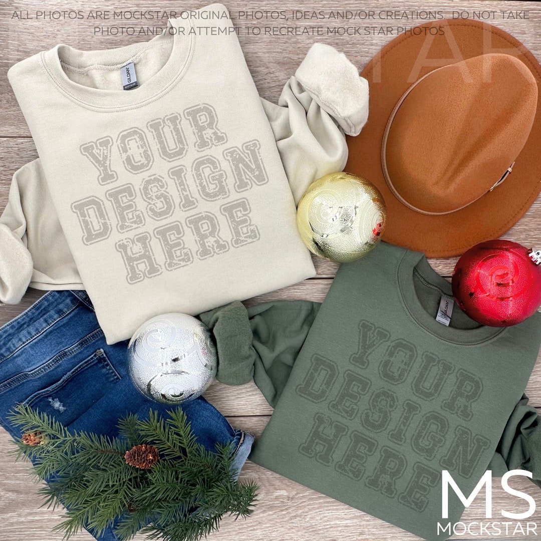 Gildan 18000 Sand Mockup Gildan Sand Sweatshirt Flat Lay Mockup ...