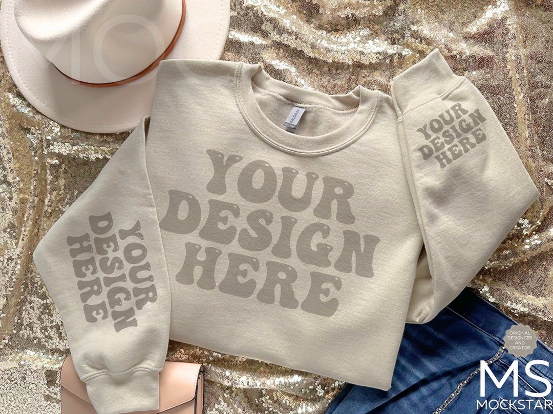 Sand Gildan 18000 Sleeve Mockup Gildan Sand Sweatshirt Flat Lay Wrist ...