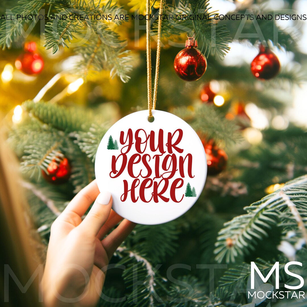 Christmas Mockup Blank White Round Ceramic Christmas Ornament Mockup ...