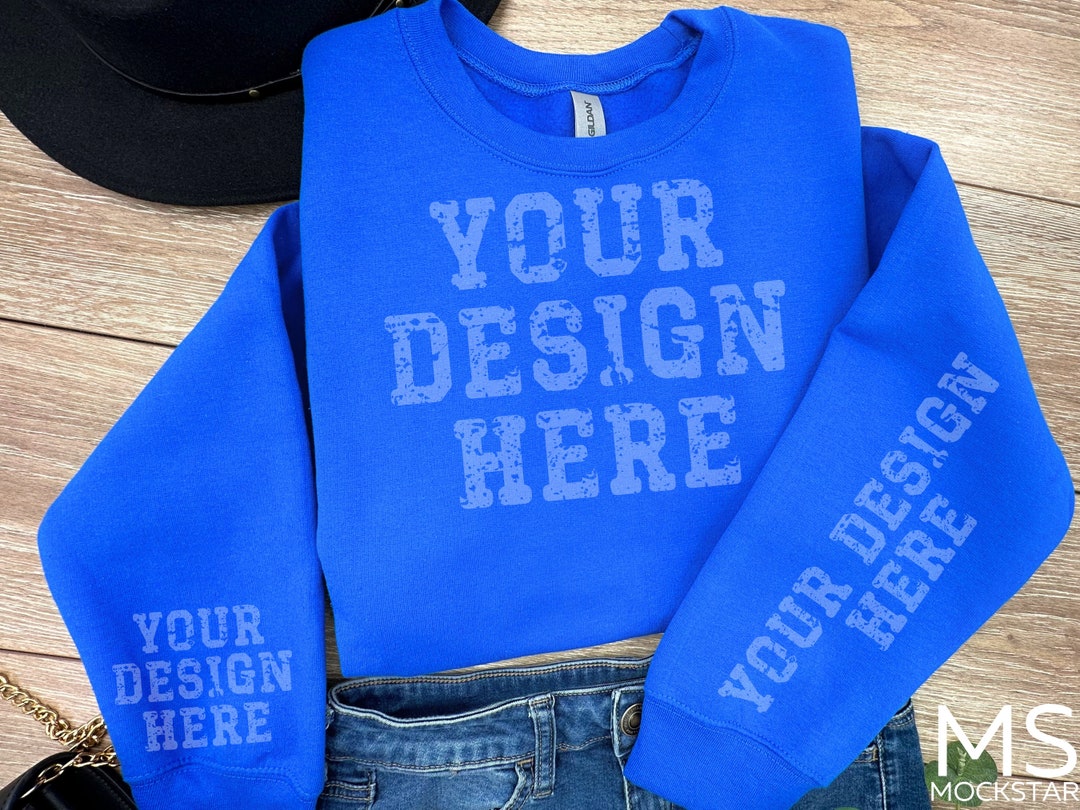 Gildan 18000 Royal Blue Mockup Gildan Blue Sweatshirt Sleeve Mockup ...