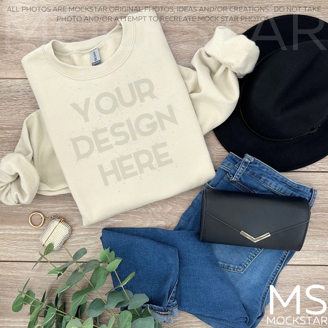 Gildan 18000 Sand Mockup Gildan Sand Sweatshirt Flat Lay Mockup Model ...