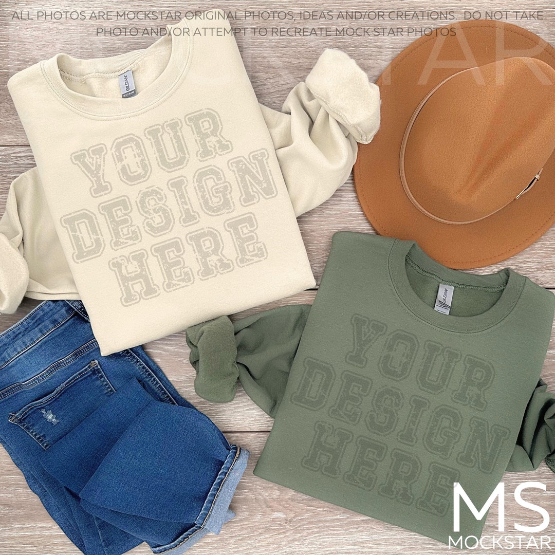 Gildan 18000 Sand Mockup Gildan Sand Sweatshirt Flat Lay Mockup ...