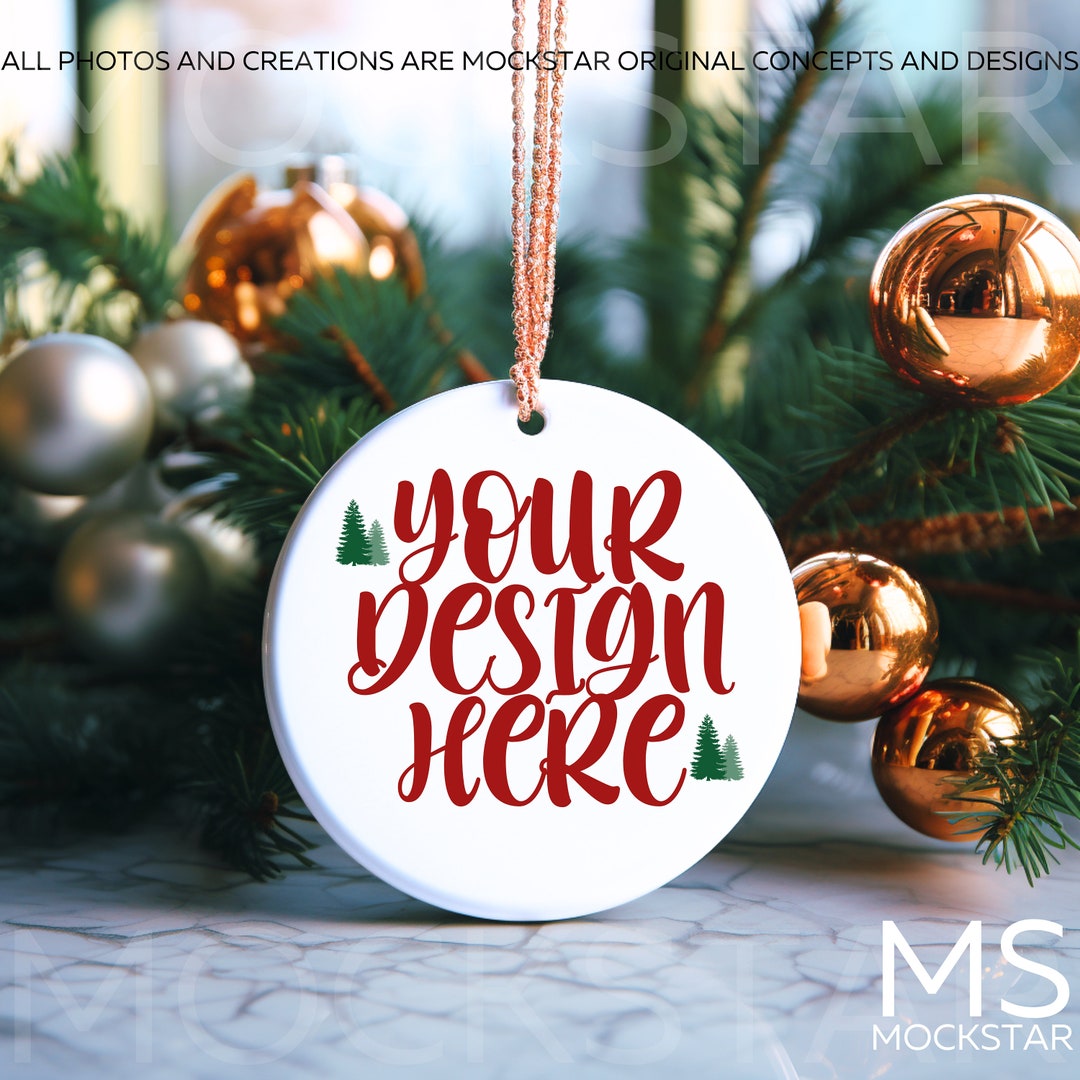 Christmas Mockup Blank White Round Ceramic Christmas Ornament Mockup ...