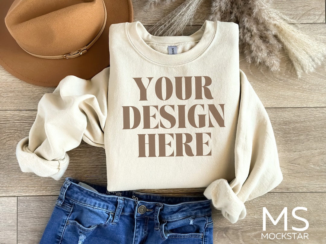 Gildan 18000 Sand Mockup Gildan Sand Sweatshirt Flat Lay Mockup Model ...