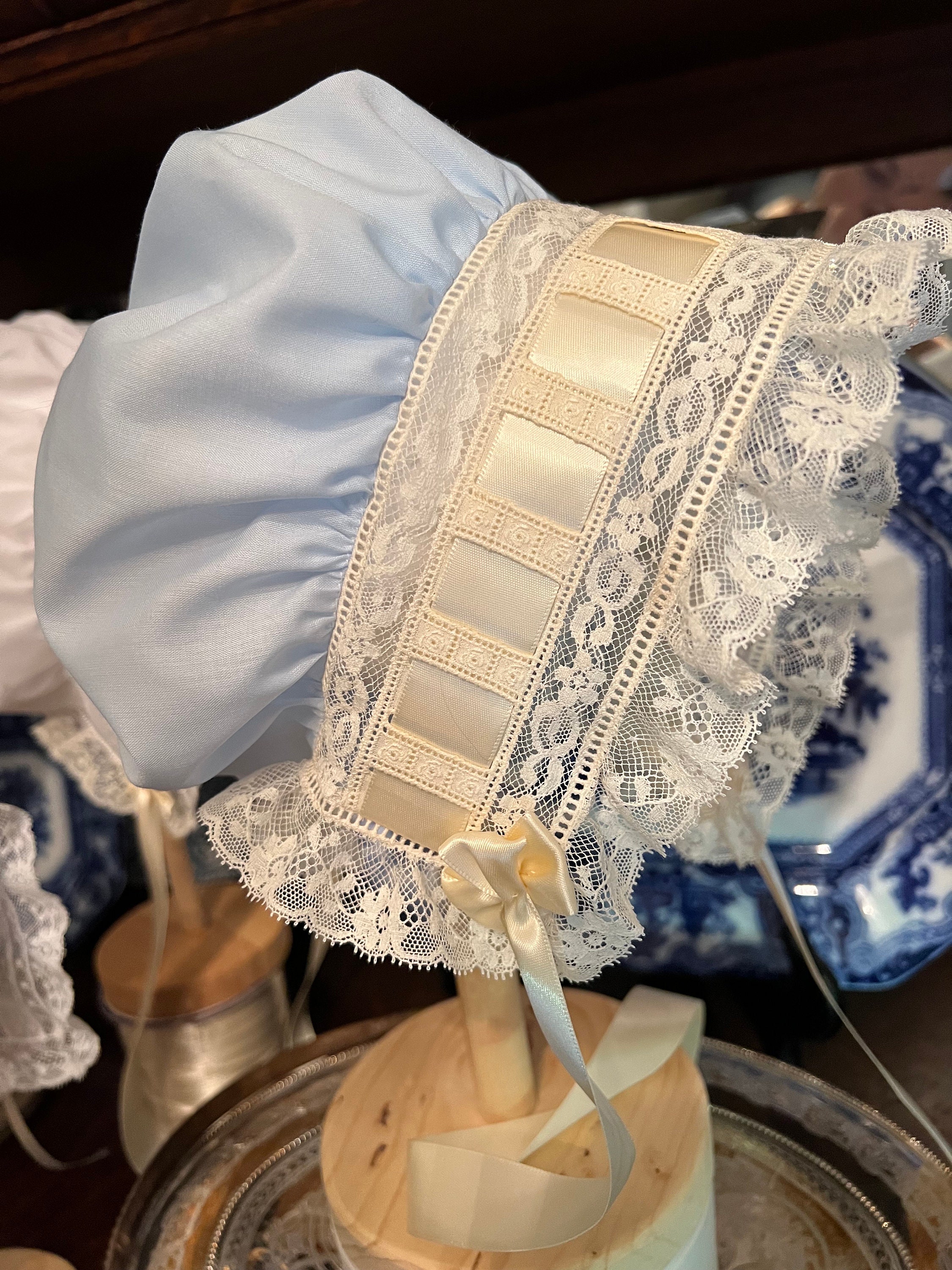 Blue Batiste Fancy French Heirloom Bonnet Trimmed With Swiss Beading ...