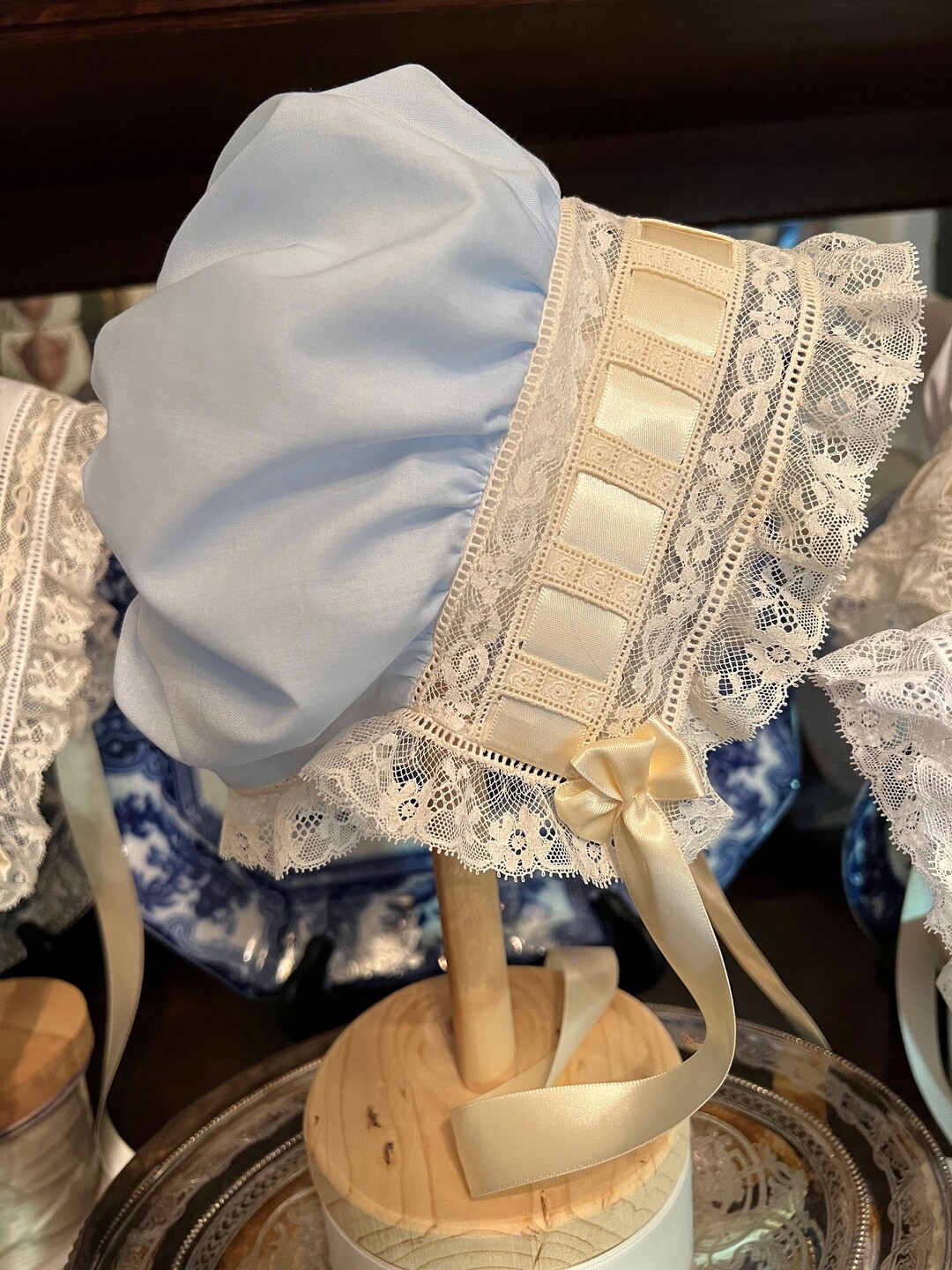 Blue Batiste Fancy French Heirloom Bonnet Trimmed With Swiss Beading ...