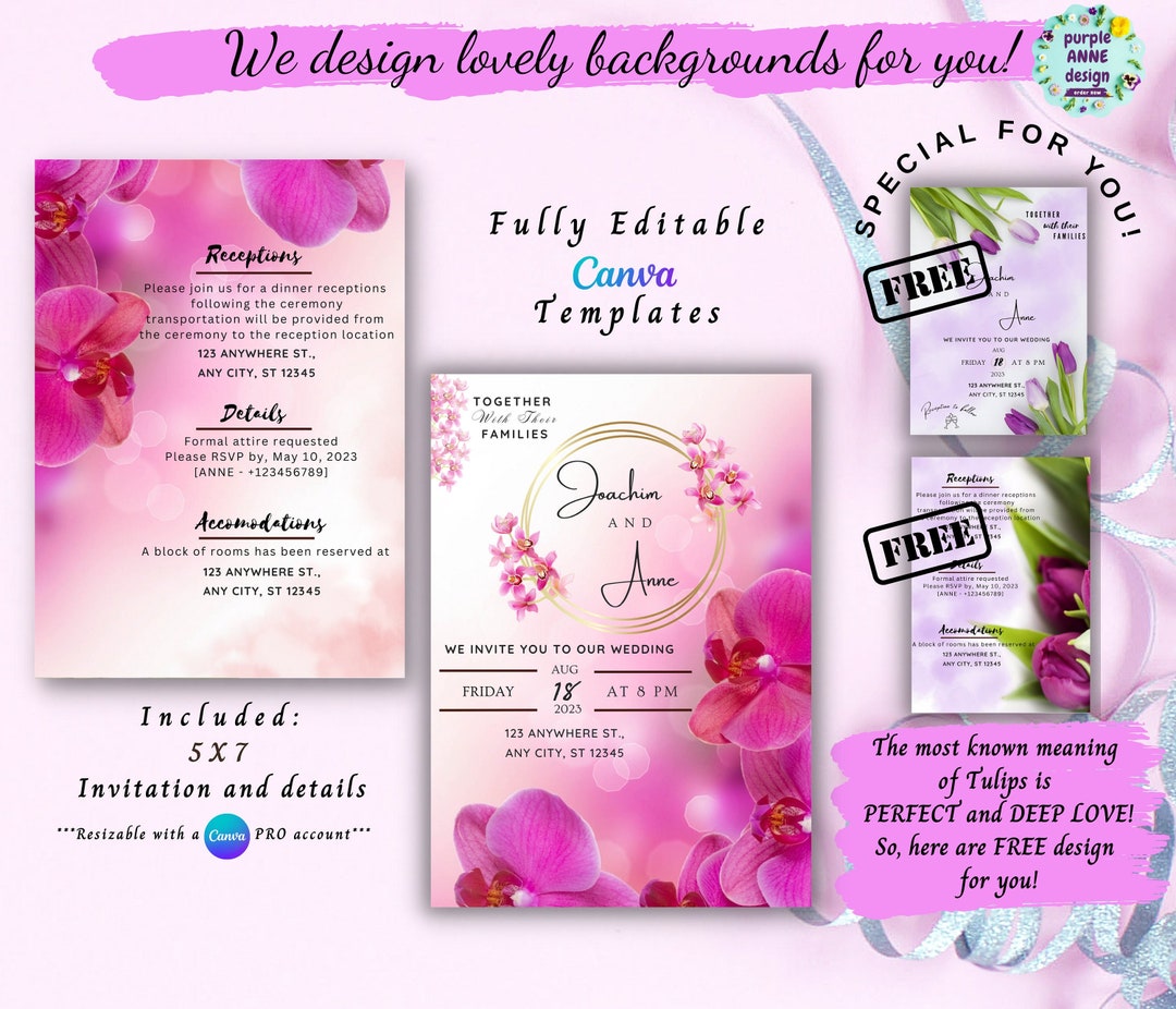 Editable Wedding Invitation, Purple Pink Wedding Invitation Templates ...