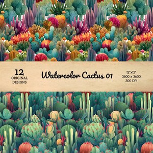 Watercolor Cactus Digital Paper Set, Seamless Cacti Junk Journal ...