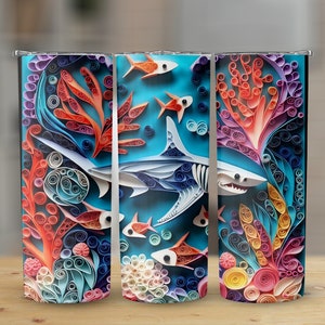 3D Quilling Shark Tumbler Wrap: Coral Reef Design (PNG Digital Download ...