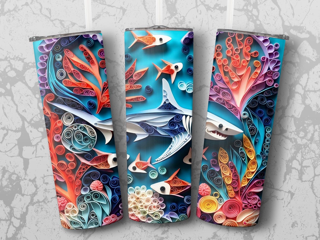 3D Quilling Shark Tumbler Wrap: Coral Reef Design (PNG Digital Download ...