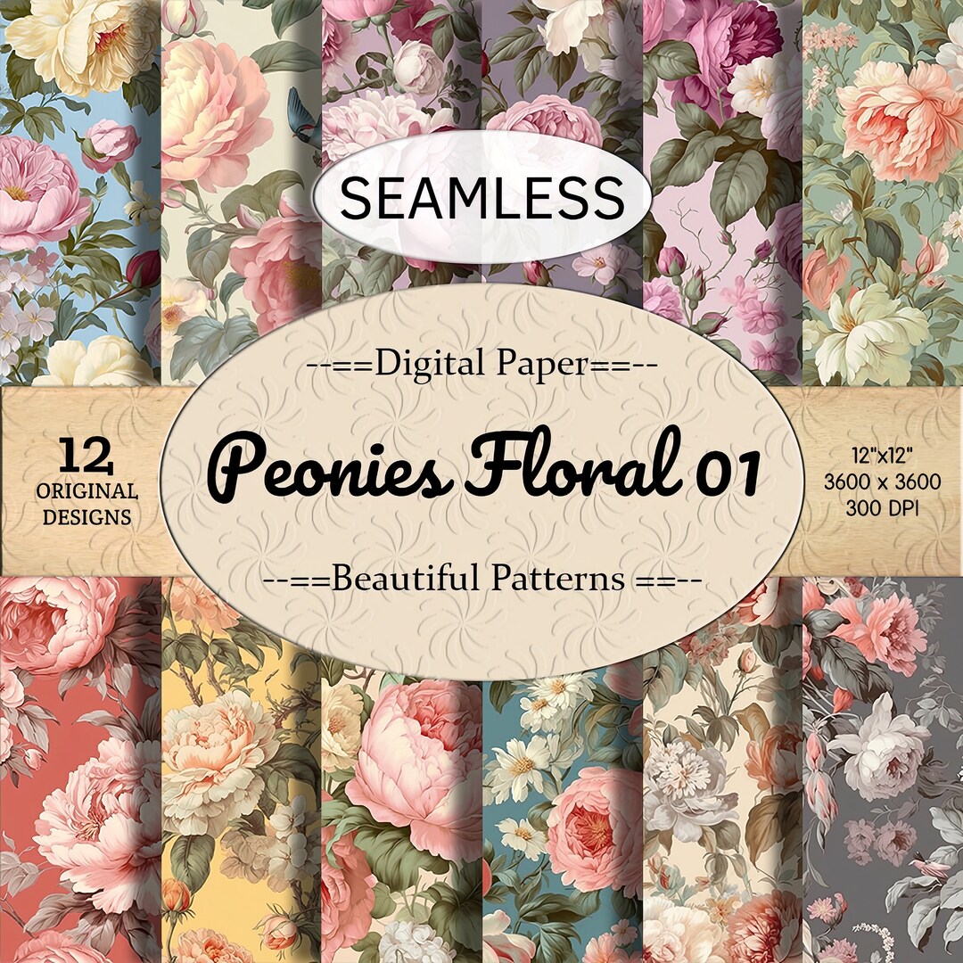 Peonies Floral Digital Paper Set Seamless Floral Digital Paper Flowers ...