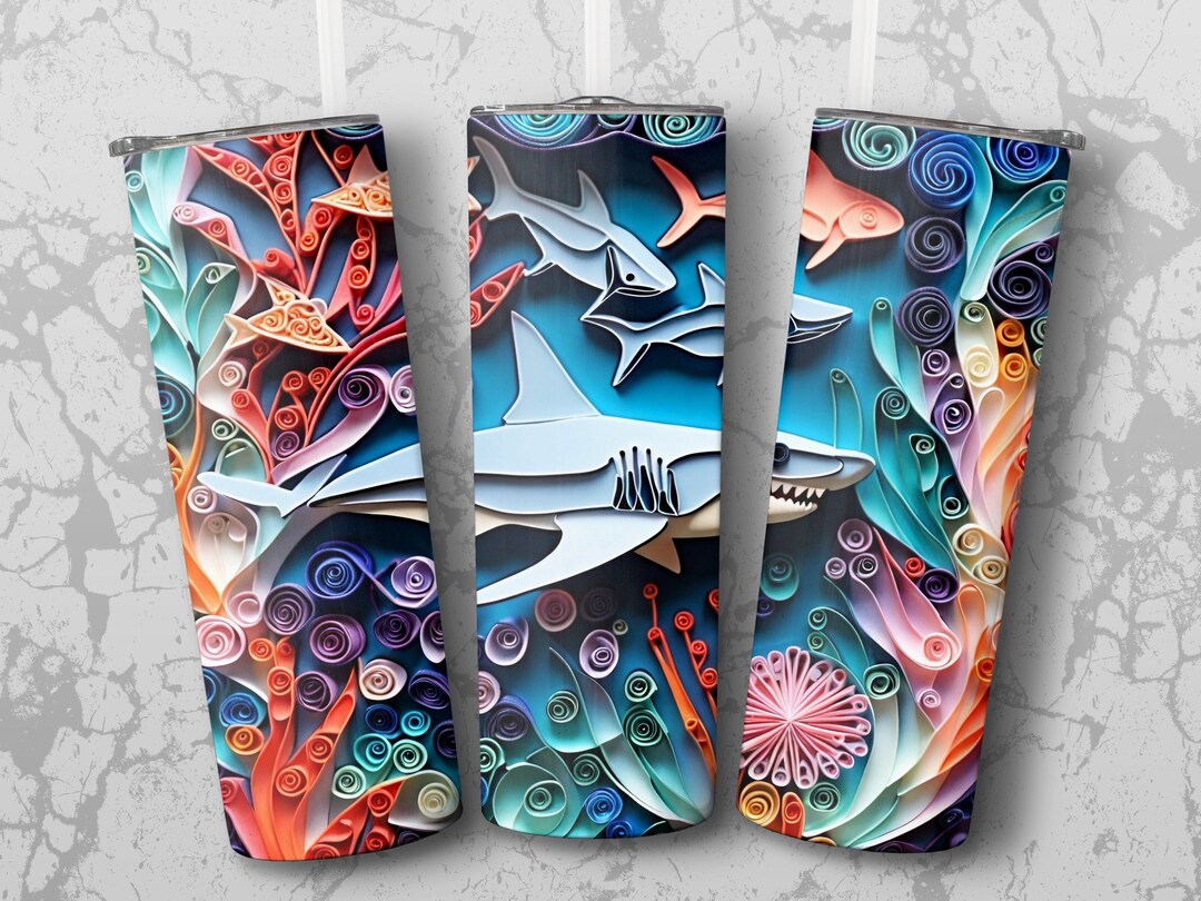 3D Quilling Shark Fish Coral Reef Design, 20 Oz Skinny Tumbler PNG ...
