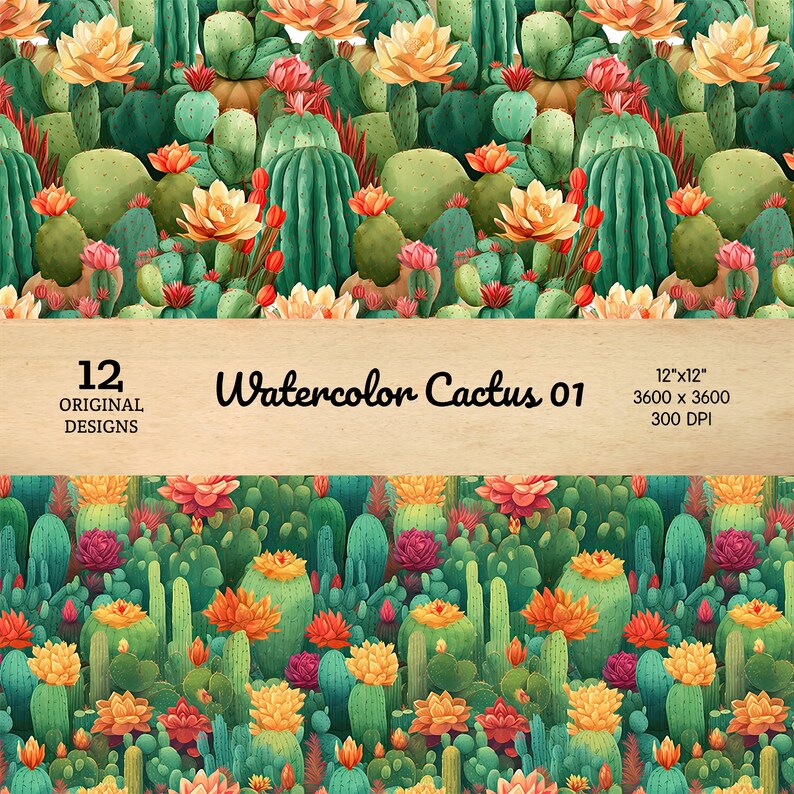 Watercolor Cactus Digital Paper Set Seamless Cacti Junk - Etsy