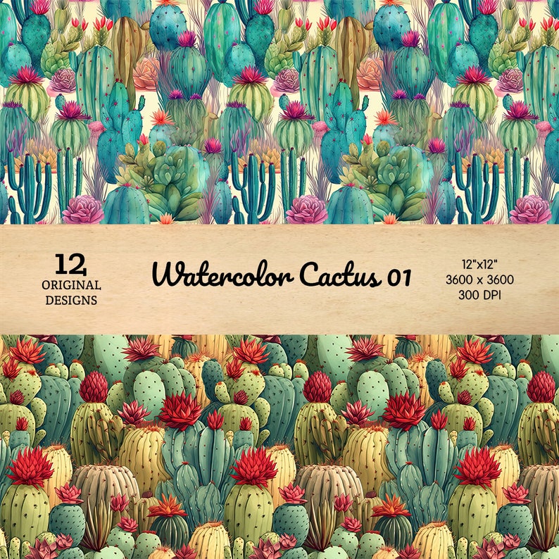 Watercolor Cactus Digital Paper Set Seamless Cacti Junk - Etsy