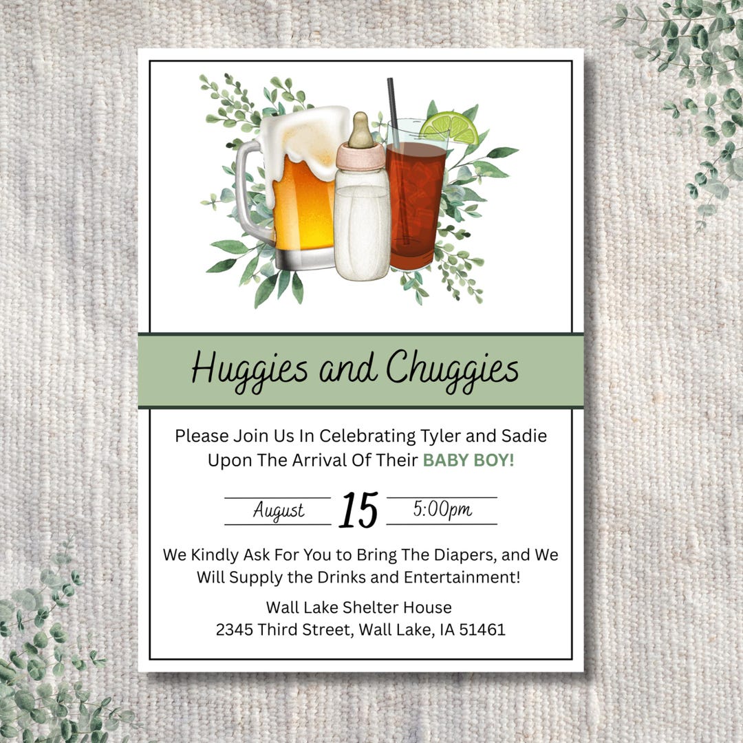 Huggies and Chuggies, Diaper Keg Invite, Greenery Baby Shower ...