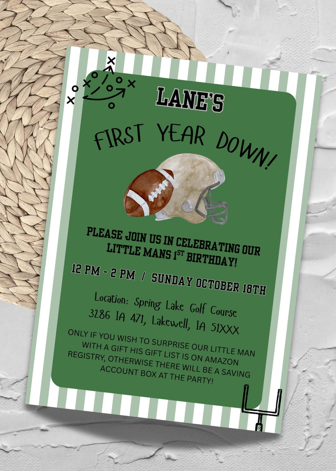 First Year Down, 1st Birthday Invitation, Football Theme Party, Canva ...