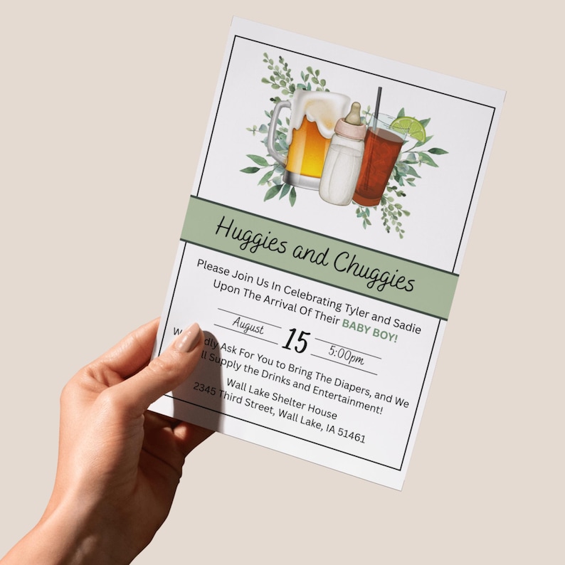 Huggies and Chuggies, Diaper Keg Invite, Greenery Baby Shower ...