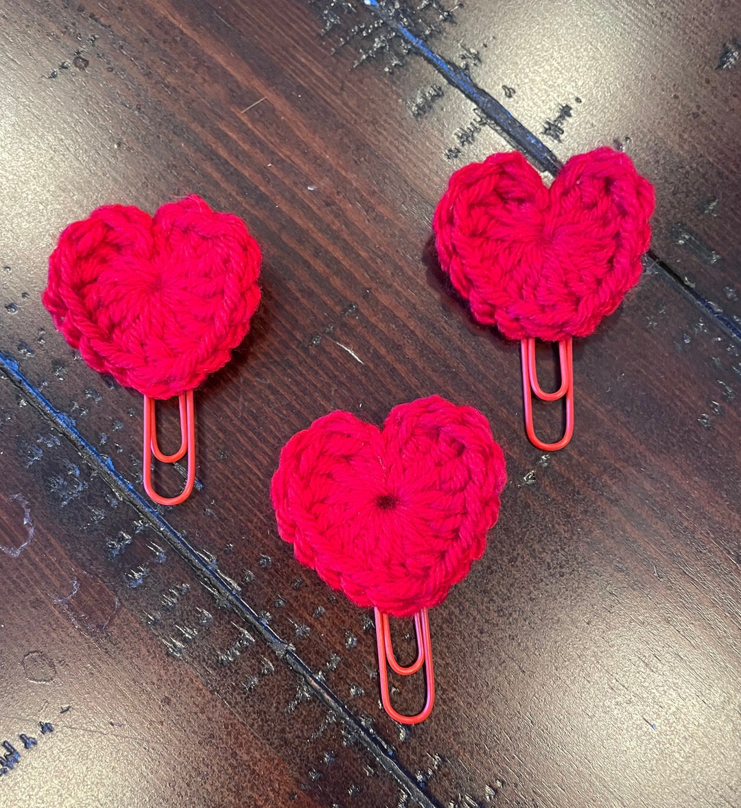 Set of 3 Crochet Heart Paper Clips, Valentine Bookmarks, Handmade Gift ...