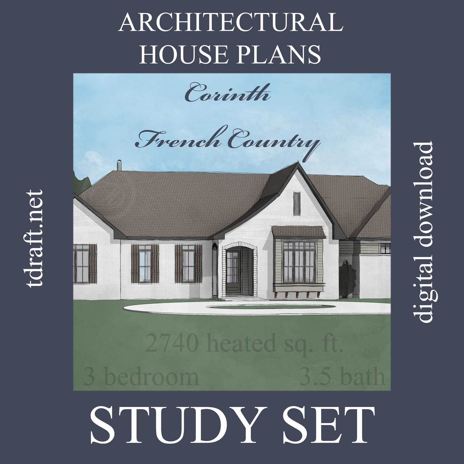 French Country House Plan, Corinth Design, 2740 Sq Ft (PDF) - Etsy