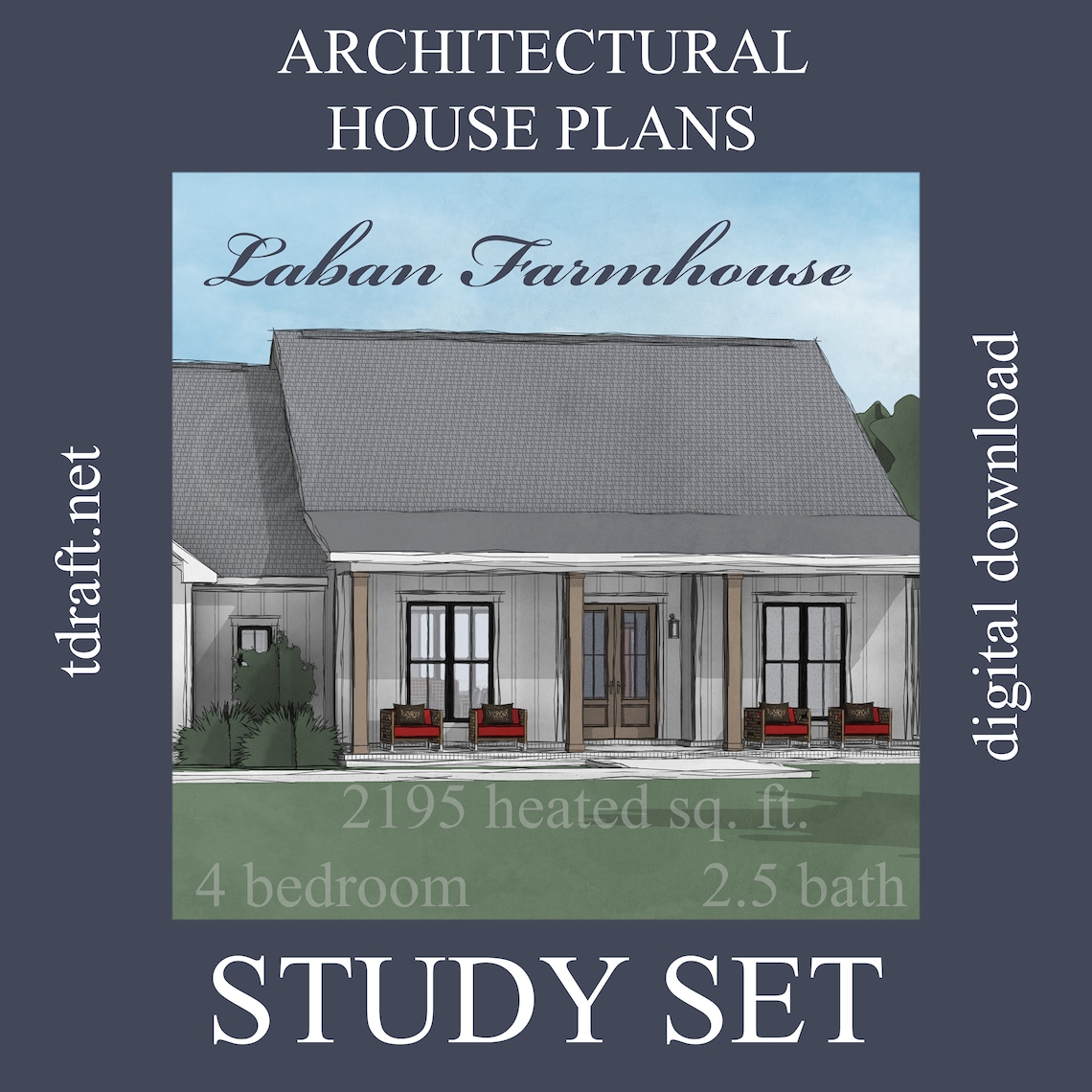 Laban Farmhouse Plan, 4 Bedroom, 2.5 Bath (study Set - PDF) - Etsy