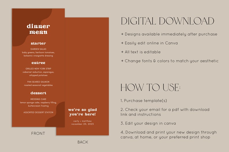 Terracotta Wedding Menu Card Template | Instant Download! Printable ...