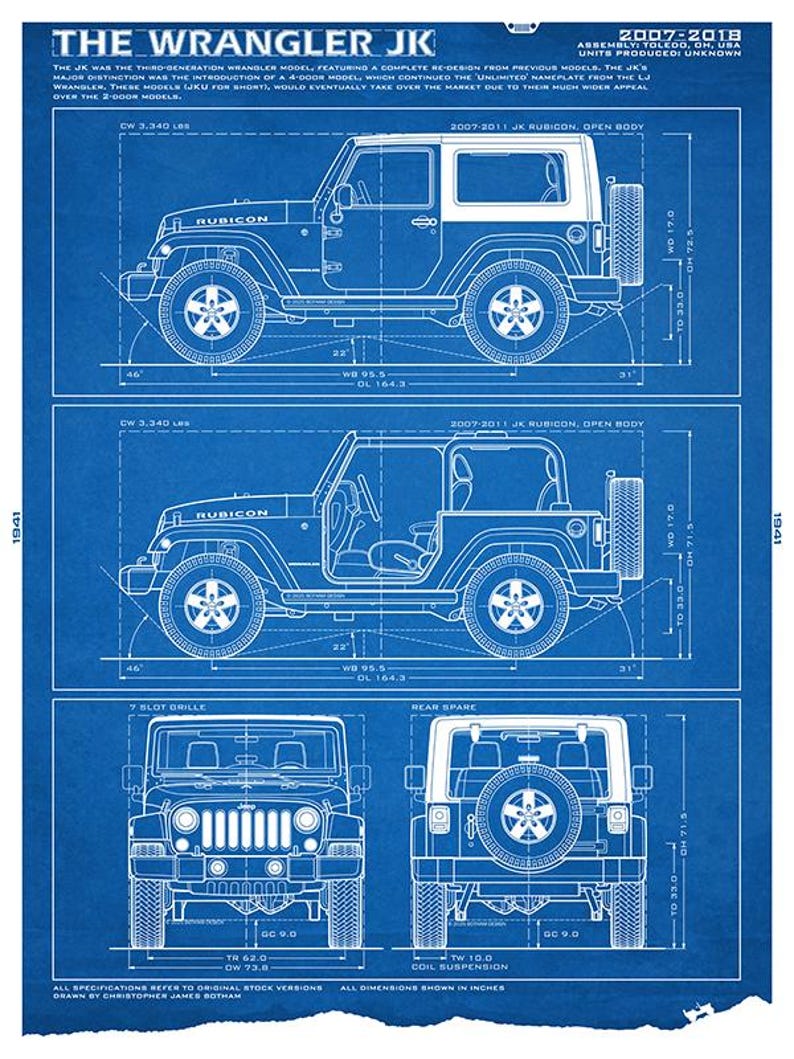 JK Wrangler Jeep Blueprint - Unframed Wall Print - Etsy
