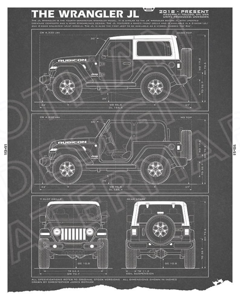 JL Wrangler Jeep Blueprint Unframed Wall Print - Etsy