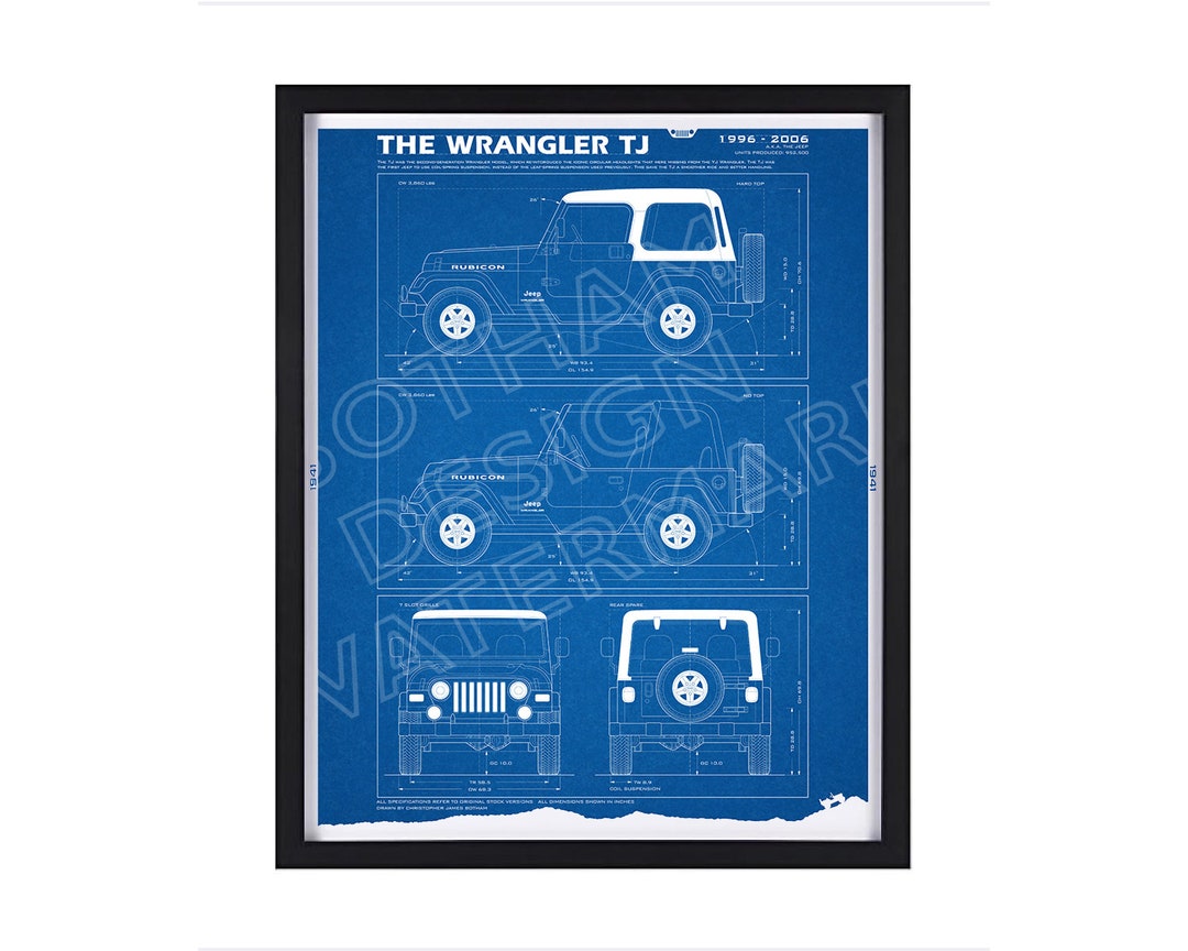 TJ Wrangler Jeep Blueprint Unframed Wall Print 16x20 - Etsy